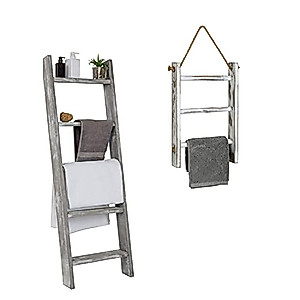 MyGift Wall-Leaning Rustic Gray with White Finish Wood Ladder-Style Blanket Rack & MyGift 3-Tier Mini Whitewashed Wood Wall-Hanging Hand Towel Storage Ladder with Rope