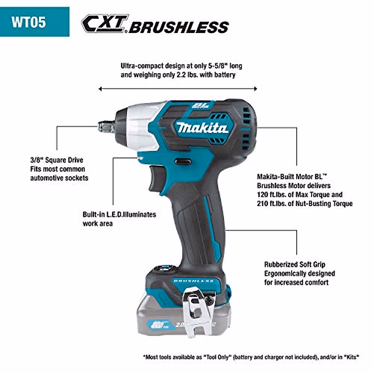 Makita WT05Z 12V max CXT® Lithium-Ion Brushless Cordless 3/8" Sq. Drive Impact Wrench, Tool Only