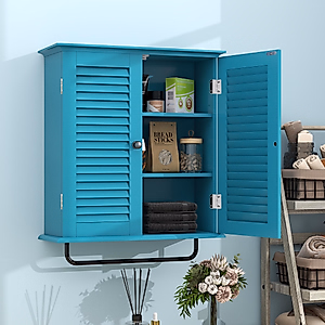 TaoHFE Bathroom Cabinet Wall Mounted Turquoise Designer Bathroom Wall Cabinet Medicine Cabinet with Double Shutter Doors 3 Tier Adjustable Shelf with Towel Rack Over The Toilet Storage Cabinet Laundry