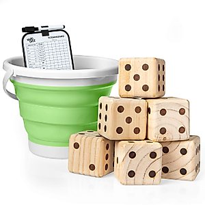 Play Platoon Giant Wooden Dice, Yardzee Outdoor Game with Bucket, 3.5" Giant Wooden Games for Families, 6 Large Dice, Collapsible Bucket, Score Cards, Dry Erase Marker