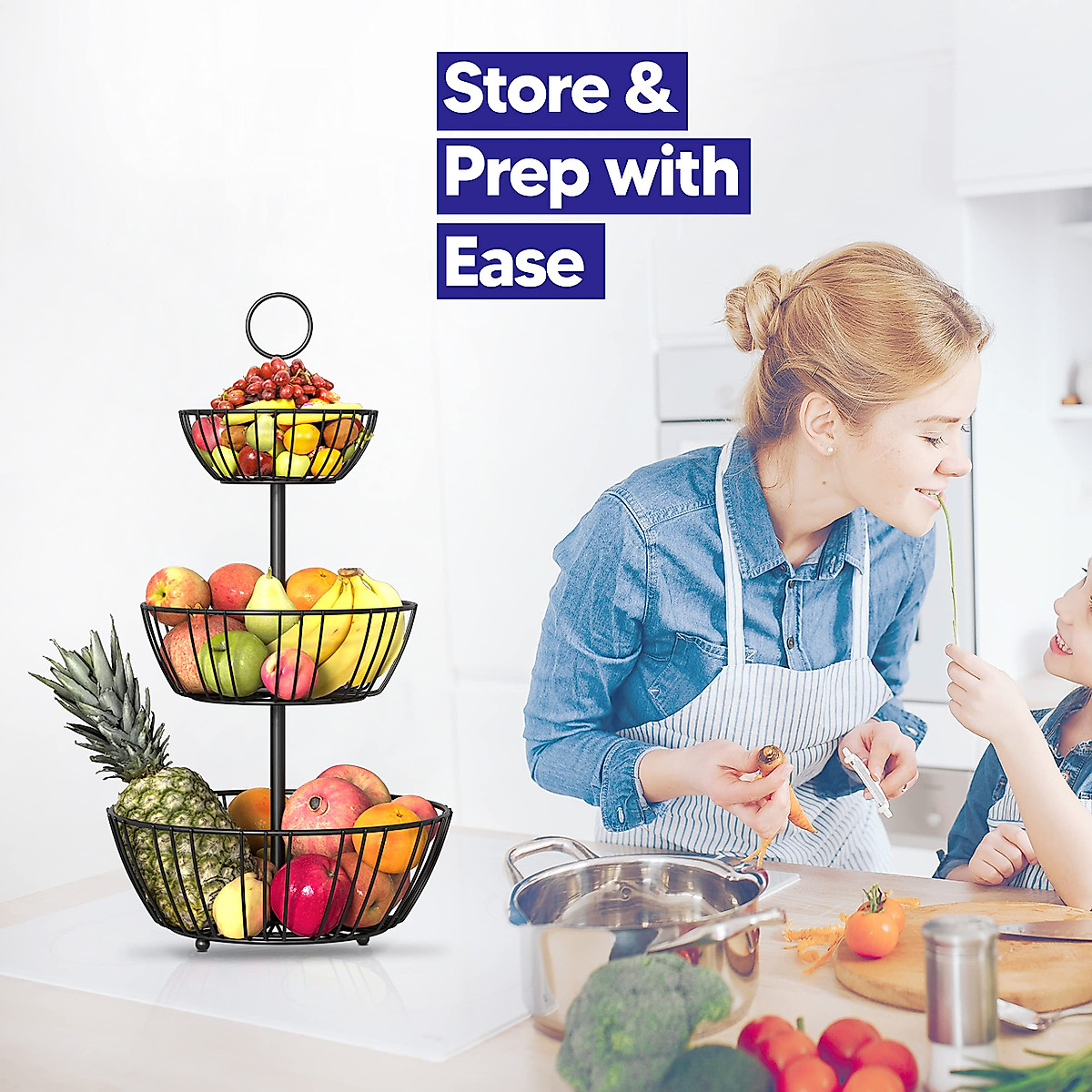 Riccle Fruit Basket For Kitchen Counter - 3 Tier Fruit Basket - Triple Layer Metal Wire Fruit Bowl For Kitchen Counter top - Three Tiered Fruit Holder For Kitchen, Produce, Vegetables