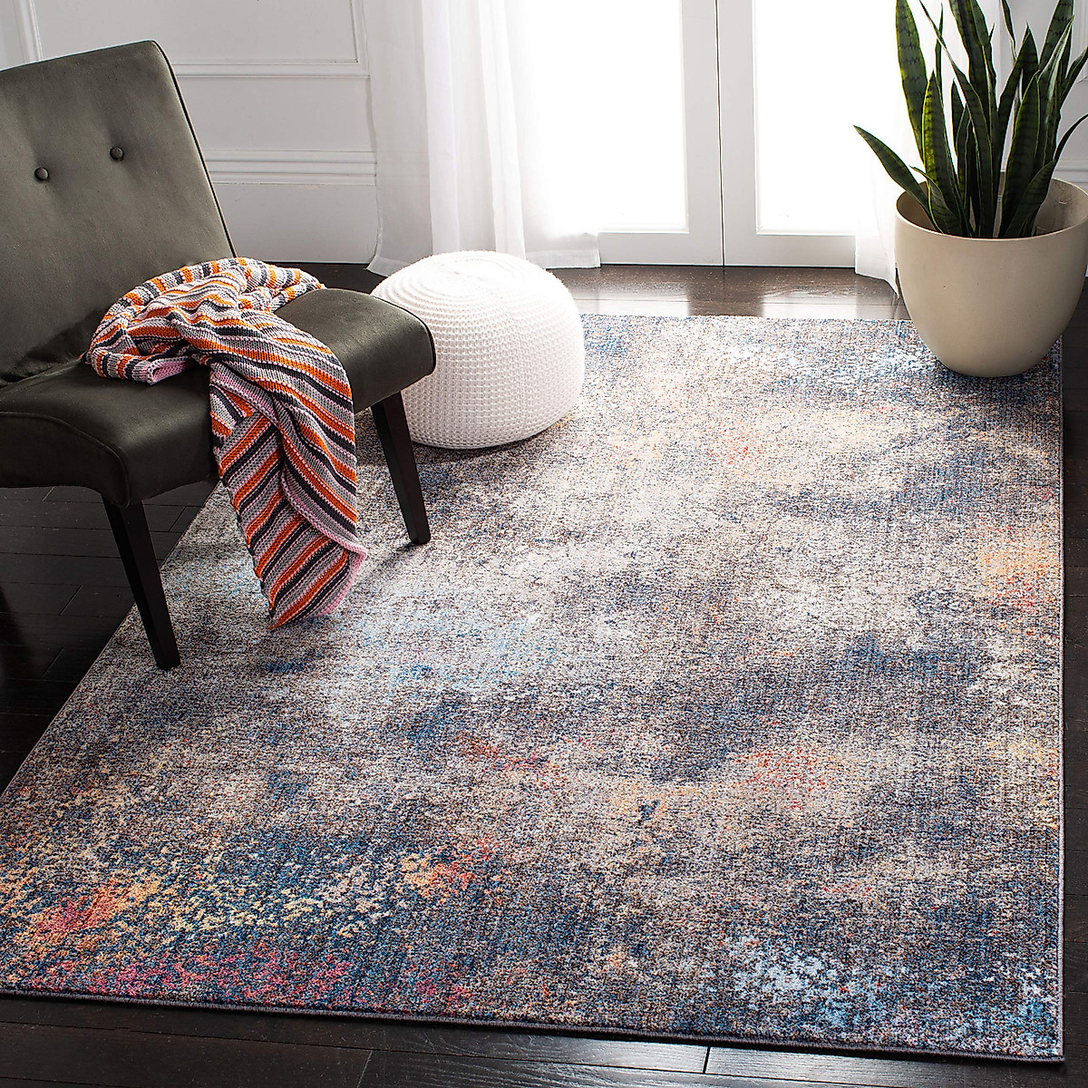 SAFAVIEH Monray Collection Accent Rug - 3' x 5', Blue & Multi, Modern Abstract Distressed Design, Non-Shedding & Easy Care, Ideal for High Traffic Areas in Entryway, Living Room, Bedroom (MNY651E)