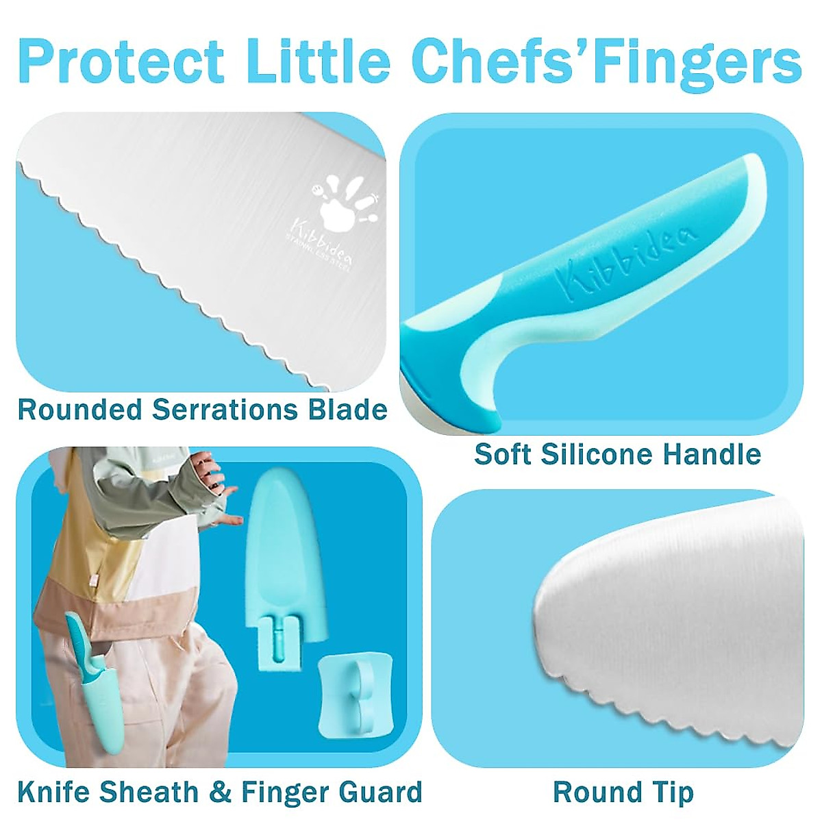 Kids Knife for Real Cooking, Montessori Children's Knife with Firm Grip, Stainless Steel Kids Safety Chef Knife with Finger Guard, Round Tip, Serrated Edges, BPA-Free (Blue)