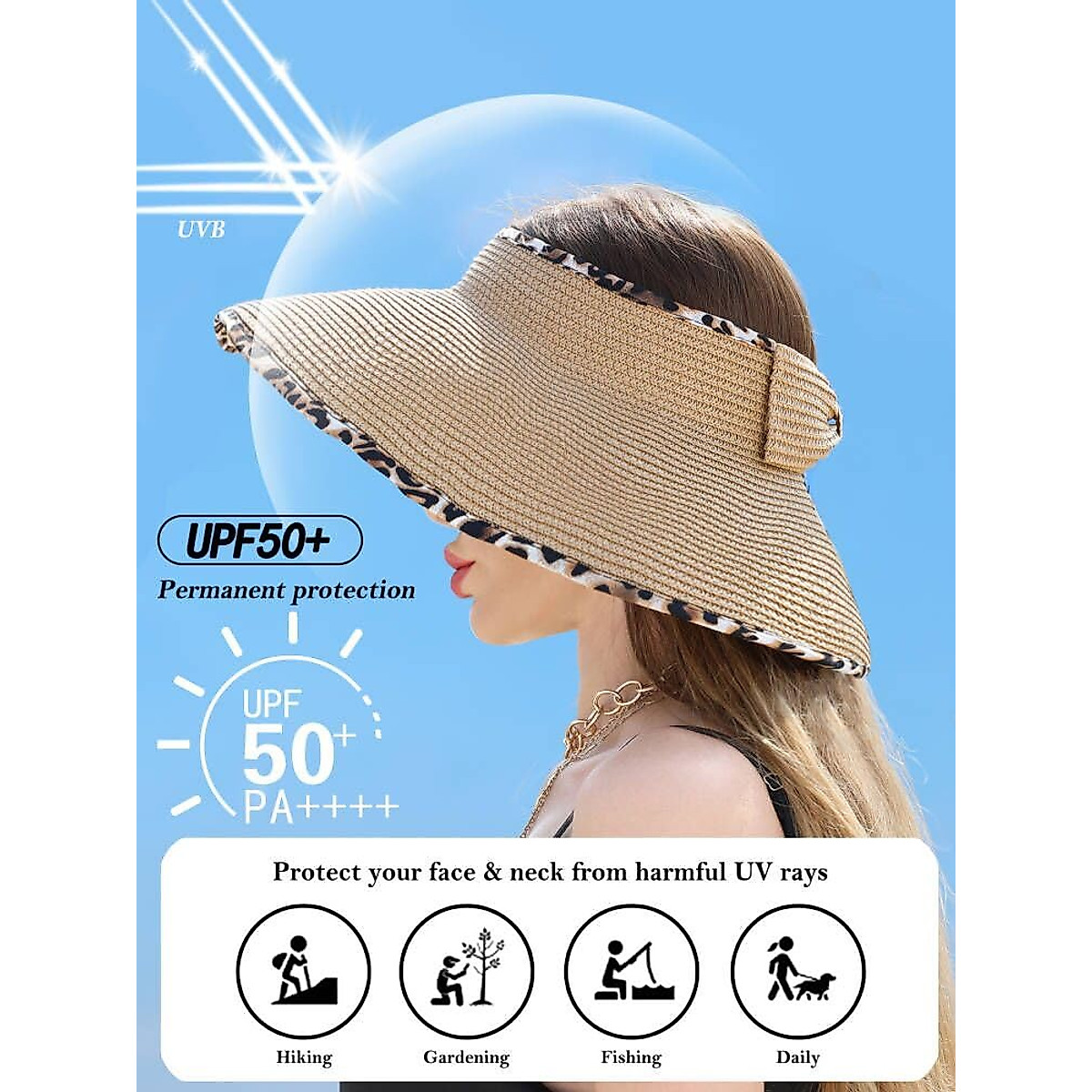 LA CARRIE Wide Brim UV Protection Sun Hats for Women with Leopard Trim Straw Roll Up Beach Visor Hat UPF 50+(Khaki with Leopard)