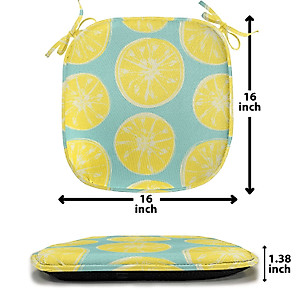Lunarable Yellow and Blue Chair Seating Cushion Set of 4, Citrus Pattern in Hand Drawn Style Watercolor Grunge Lemon Slices, Anti-Slip Seat Padding for Kitchen & Patio, 16"x16", Turquoise and Yellow