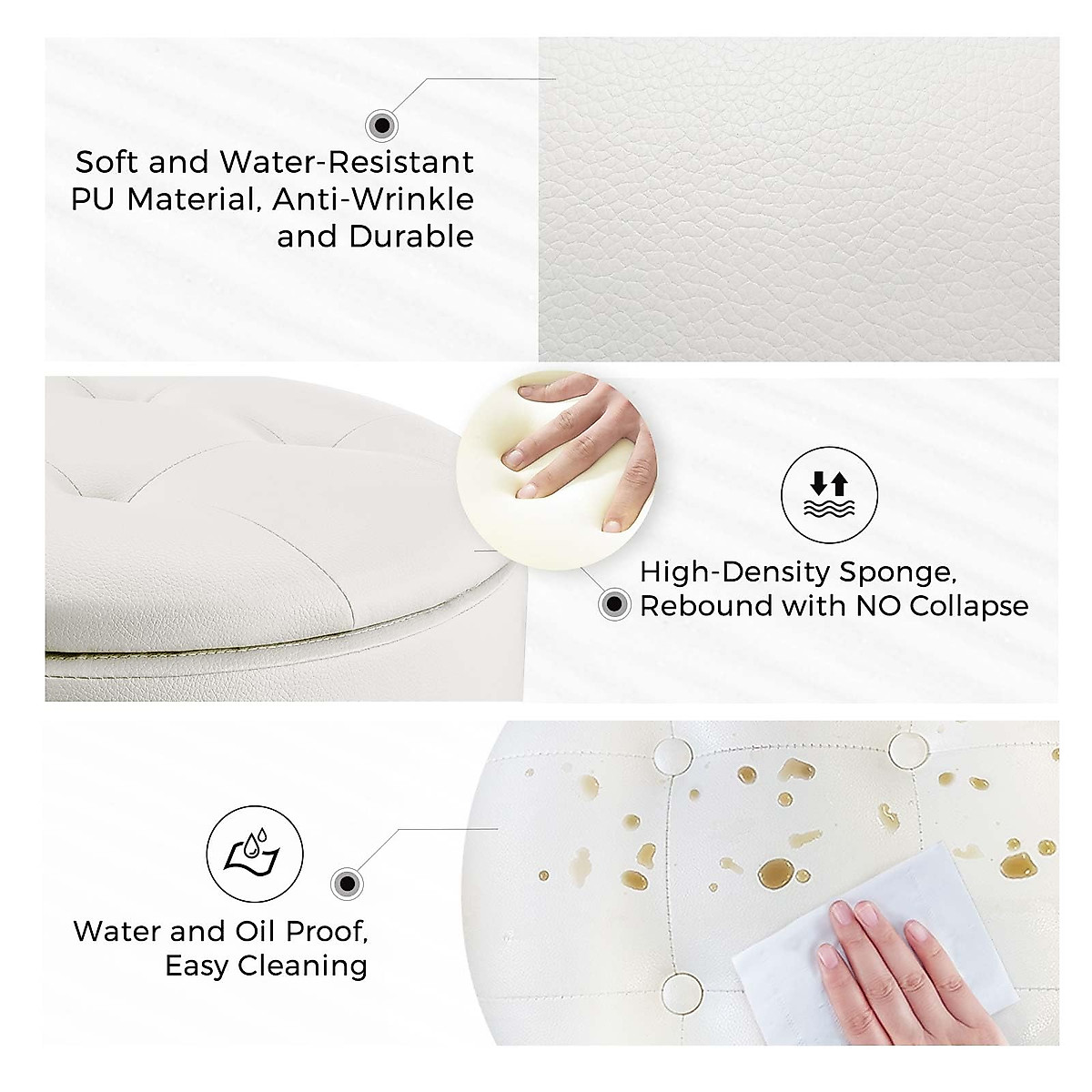 GREENSTELL Vanity Stool with Storage, 19" to 23" Height Adjustable PU Leather Vanity Chair, 360° Swivel Makeup Stool with Removeable Tray, Modern Ottoman for Bedroom Bathroom, White