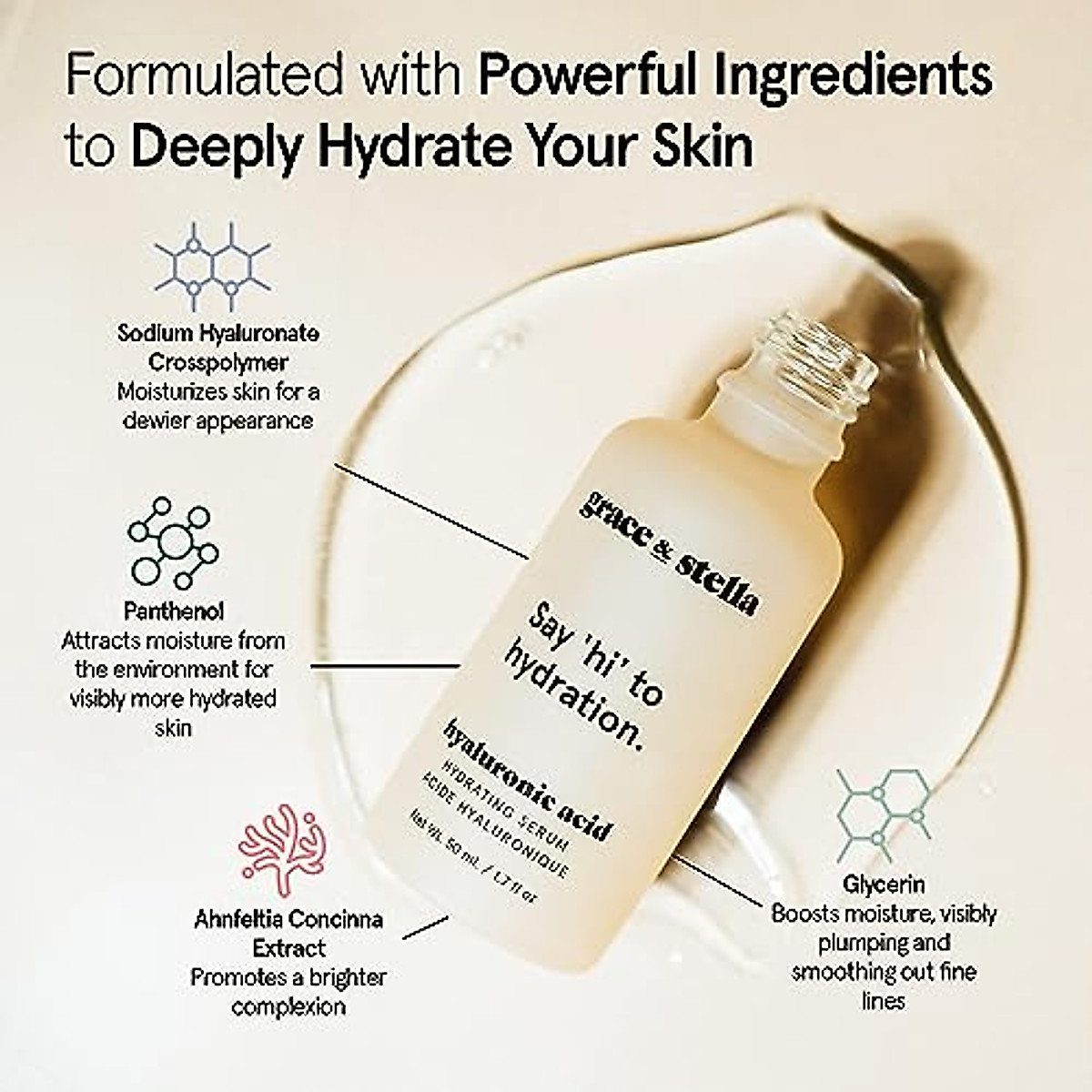 grace & stella Award Winning Hyaluronic Acid Serum (50ml/1.7 fl oz) Hyaluronic Acid Serum for Face - Acido Hialuronico Face Serum for Women - Hydrating Serum Remove Fine Lines, Wrinkles - Anti Aging