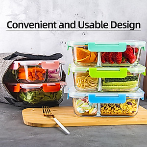 Glass Food Storage Containers 3 Compartment with Lids (5 Pack, 34oz), Divided Glass Meal Prep Containers for Lunch at Work, Leak-Proof Portion Control Food Containers, Microwave/Dishwasher Safe