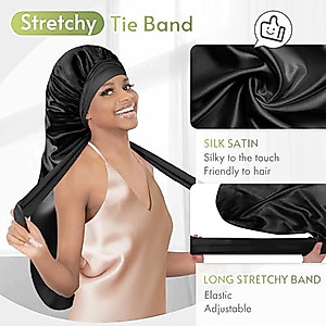 BONNET QUEEN Braid Bonnet Silk Bonnet Foldable Extra Long Bonnet for Braids Satin Bonnet for Sleeping Hair Bonnet with Tie Band Long Sleep Cap Black