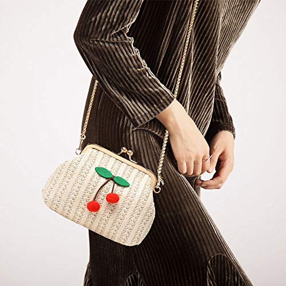 Buddy Supplies Women Straw Weave Handbag Summer Beach Purse Kiss Lock Shoulder Bag Chain Crossbody Bag beige