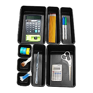 HOME-X Connecting Organizer Trays, Set of Interlocking Adjustable Trays for Organizing Office Supplies and Kitchen Utensil Drawers, Set of 8, 3 Sizes, Black