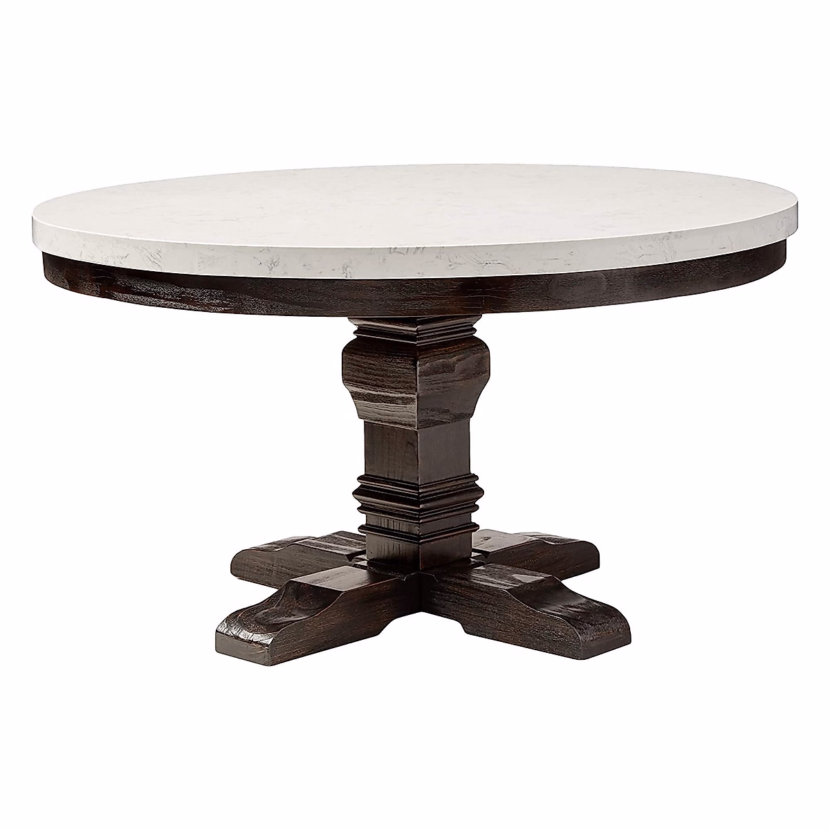Benjara Dining Table with Marble Top and Pedestal Base, White and Gray