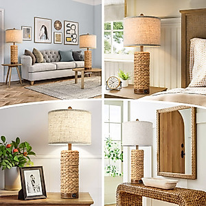Set of 2 Rattan Table Lamps for Living Room with 2 USB Ports, 27in Tall Bedroom Lamp Costal Farmhouse, Rustic Woven Seagrass Bedside Nightstand Lamps for End Table, E26 Socket&Rotary Switch, No Bulb