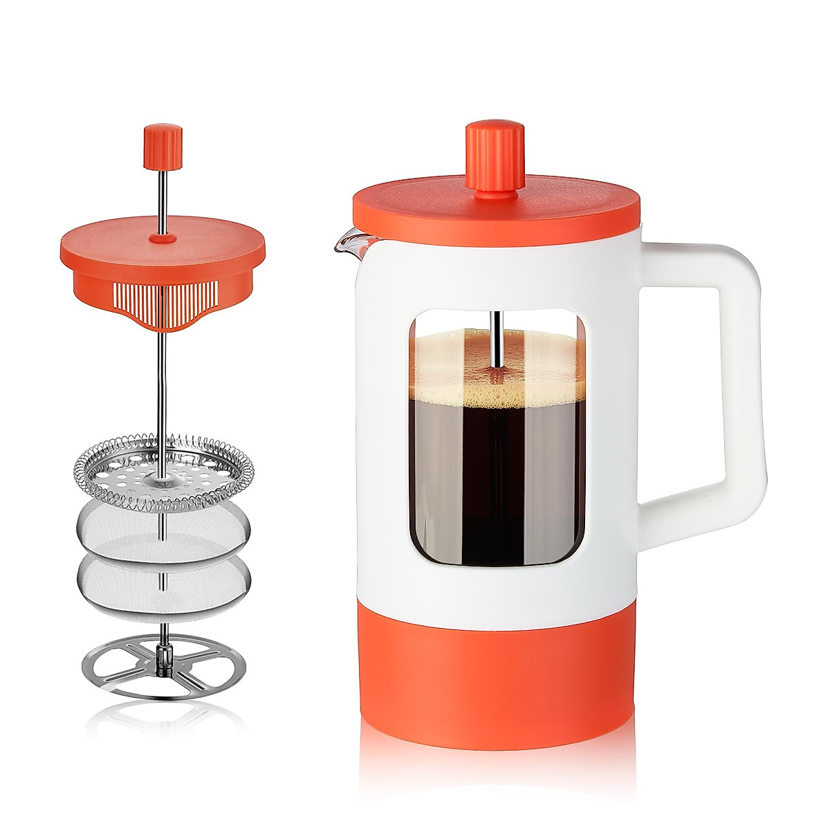 YOLIFE French Press Coffee Maker, 21 oz Small Coffee Tea Press with Heat-resistant Borosilicate Glass, 4-Level Filtration Systems, Portable Coffee Pot for Camping Travel Gifts, White and Orange