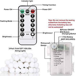 YOYONACY Battery Operated String Lights Bedroom - 52FT 2 Pack 120 LED Powered String Lights Waterproof 8 Modes with Remote and Timer for Indoor Outdoor Wedding Decor Camping, Warm White