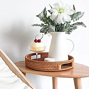 Decorative Coffee Table Tray | Farmhouse Boho Decor | Round Rattan Tray Basket | Wicker Serving Tray with Handles | Drink, Tray for Ottoman | Circle Round Tray | Fall Decor