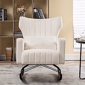 SZUBEE Modern Velvet Nursery, Accent Rocking Chair with with Solid Metal Legs, Upholstered Comfy Glider Rocker for Reading, Bedroom and Living Room,Beige