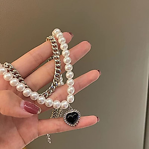 Women Y2K Aesthetic Heart Charm Faux Pearl Layered Chain Necklace Gothic Choker Necklace Jewelry Punk Y2k Fashion Outfit Retro Fairy Grunge Accessories, Black Heart, One Size