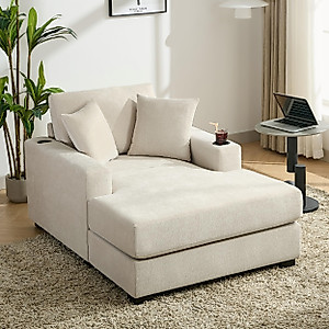 Merax Modern Upholstered Indoor Chaise Lounge with Pillows, Charge Station & Cup Holders, Single Sofa Couch with Armrest and Soild Wood Legs, Gream