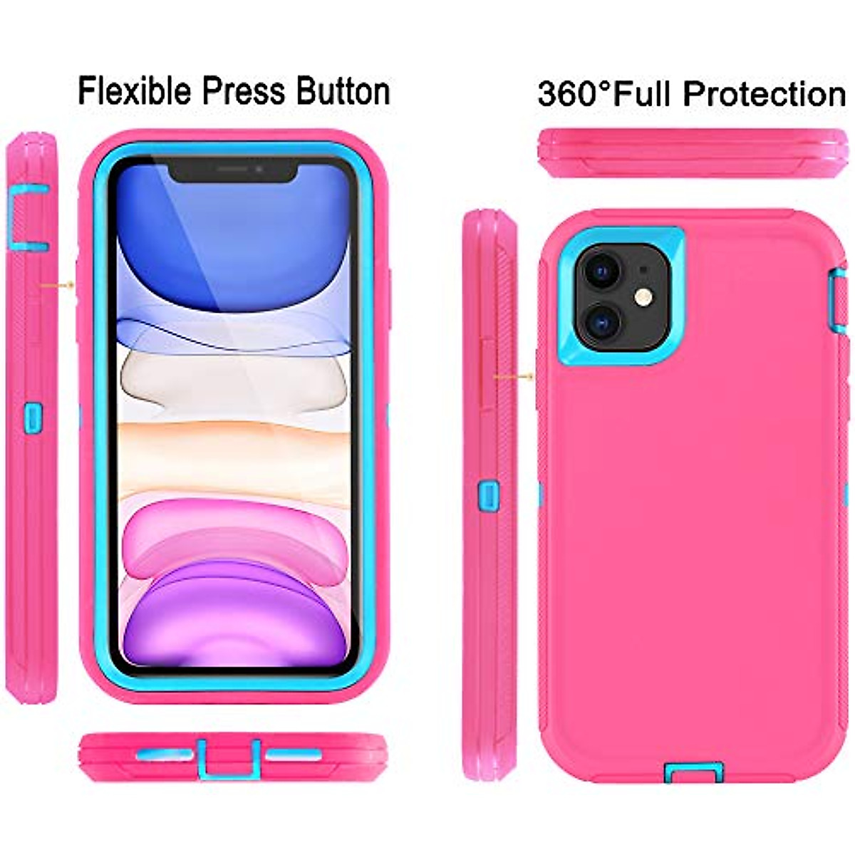 GYJ for iPhone 11 Case with 2 Screen Protector, Drop Protection Full Body Heavy Duty Rugged Military Grade Cover, Shockproof/Drop Proof Durable Phone Case iPhone 11 6.1" [Pink+Blue]