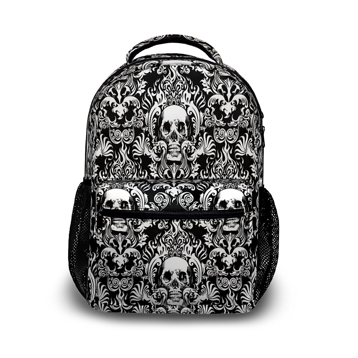 Black Skull Backpack Vintage Floral Casual School Bag Lightweight Zipper Laptop Bookbag Hiking Shoulder Daypack for Women Men