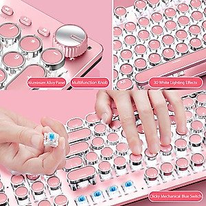 TISHLED Pink Typewriter Style Mechanical Gaming Keyboard White LED Backlit, 104-Key Anti-Ghosting Blue Switch Retro Steampunk Round Keycap Multifunction Knob Metal Panel Wired USB for PC, Mac, Laptop