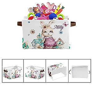 Cute Bunny Rabbit Personalized Storage Basket ,Custom Storage Bins Cubes Organizer with Handle for Bedroom Wardrobe,Nursery,Basket 1 Pack