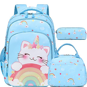 Jumpopack Unicorn Backpack for Girls School Backpacks for Elementary Girls Backpack with Lunch Box Lightweight Water Resistance School Bag Preschool Kids Bookbag,Unicorn Cat