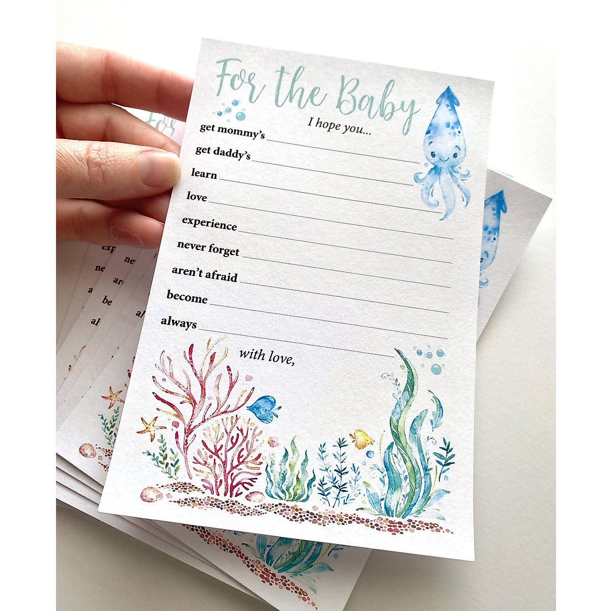 Baby Shower Advice Sea Animals (40 Pack) Guest Wishes for Baby, Boy Girl Gender Neutral, Ocean Life Theme Wisdom Prediction Keepsake Notepaper (4x6 Soft Cotton Stationery Prints)