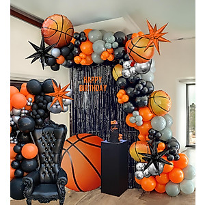 FROUFING Basketball Balloon Garland Arch Kit, 136pcs Orange Gray Black White and Silver with Foil Star Balloons for 1st Birthday Party Baby Shower Sports Theme Supplies Decorations