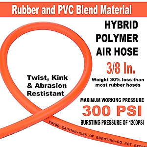 YOTOO Air Hose 3/8 in. x 3 ft, 300 PSI Hybrid Lead-in Air Compressor Hose, Heavy Duty, Lightweight, Kink Resistant, All-Weather Flexibility with 1/4“ Quick Coupler Fitting and Bend Restrictors, Orange