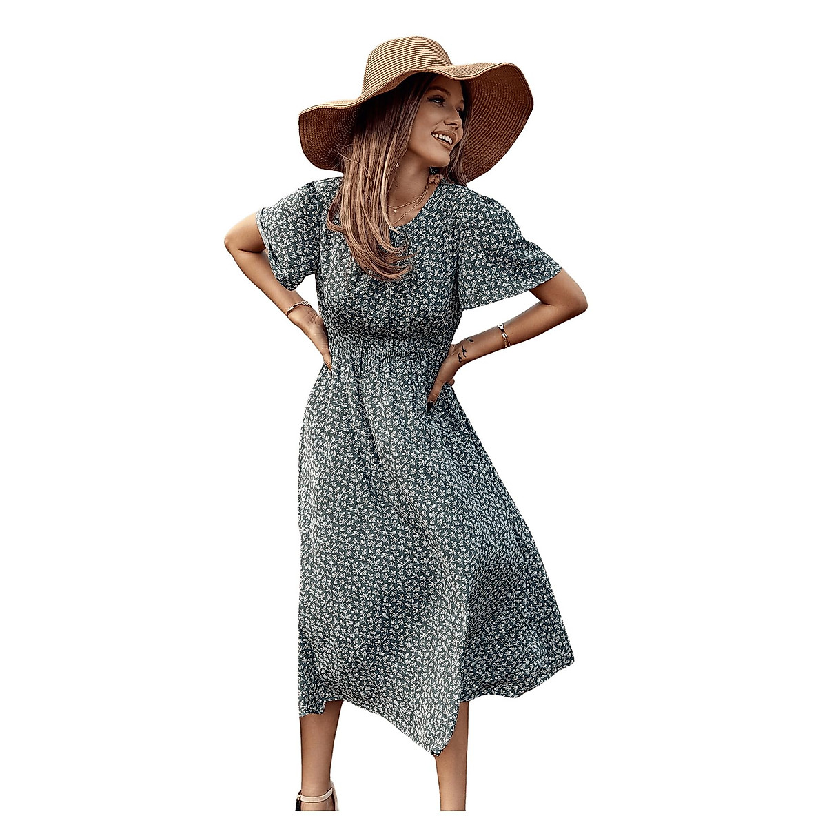 Floerns Women's Casual Floral Print Crewneck Short Sleeve A Line Boho Maxi Dress Green Multi L