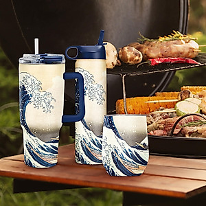 RainCaper 18/8 Stainless Steel Insulated Water Tumbler with Straw | 24oz, BPA-Free, Double Wall for Hot & Cold | Travel-Friendly, Cup Holder Ready (Hokusai The Great Wave)