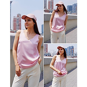 Zeagoo Women 2025 Silk Satin Tank Tops Dressy V Neck Camisole Blouse Casual Sleeveless Cami Summer Tanks Shirt Dark Pink
