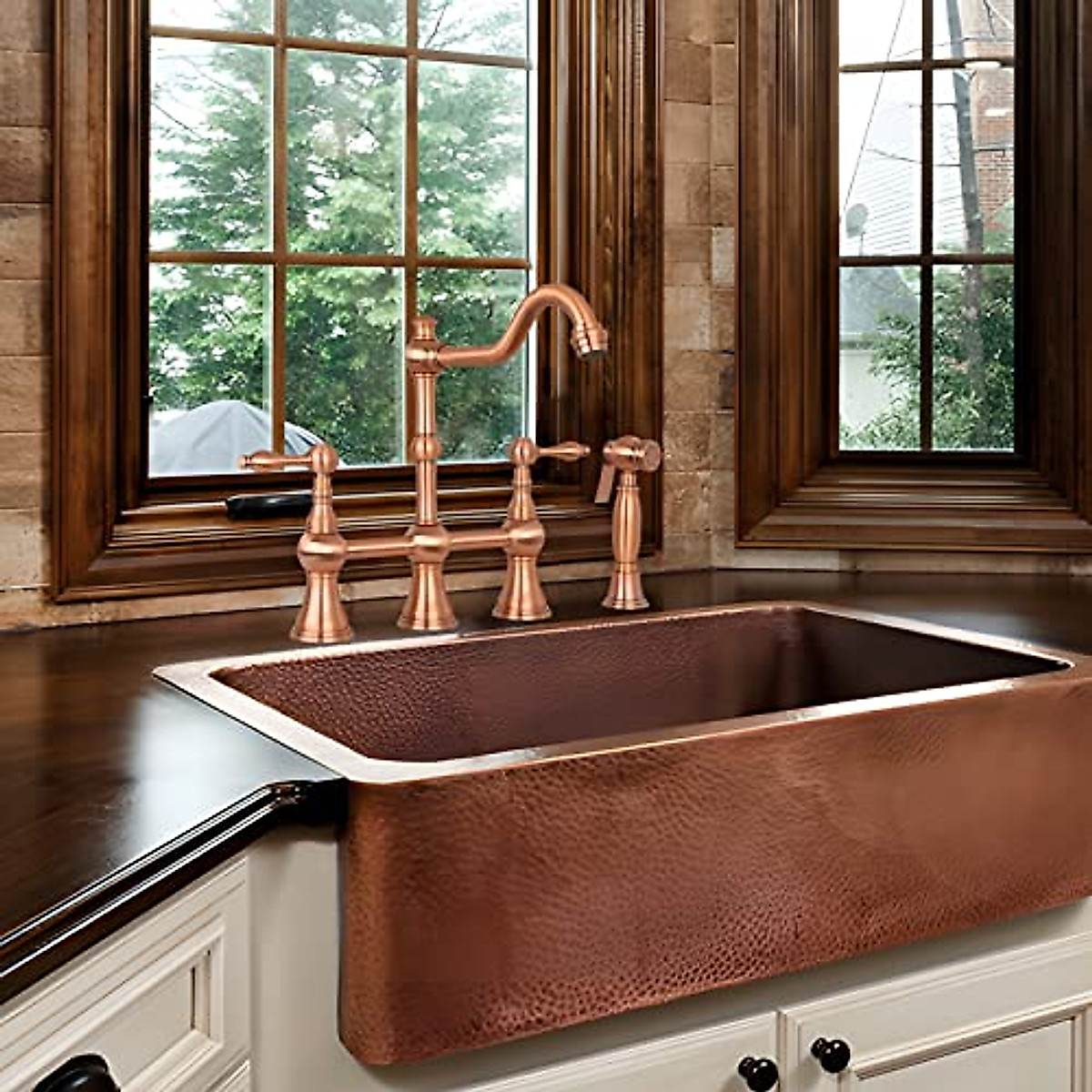 Two-Handles Copper Bridge Kitchen Faucet with Side Spray - 5 Years Warranty …