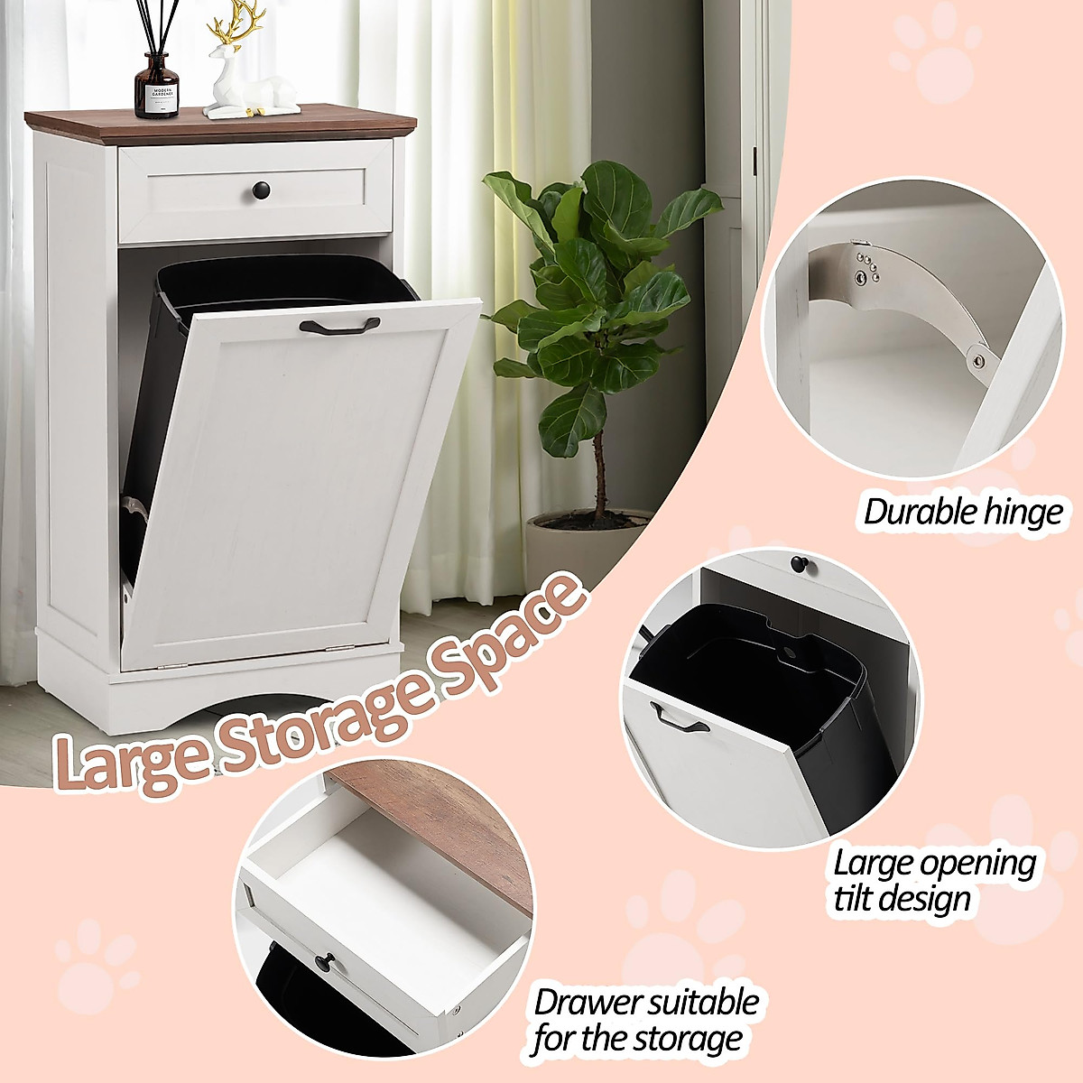 Spurgehom 13 Gallon Tilt Out Trash Cabinet Kitchen Waste Bins, Laundry Hamper Tilt Out Pet Proof Hidden Trash Bin for Kitchen Living Room, Antique White