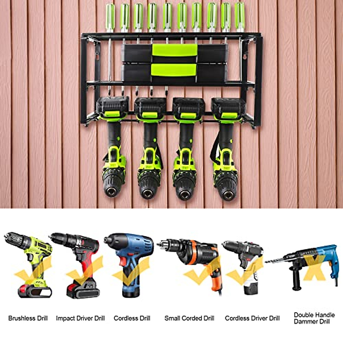 Power Tool Organizer, Drill Holder Storage Rack with Wall Mounted 4 Drill Slots 3 Layers Garage Tool Organizer Storage Wrench and Srewdriver Rack for Home and Workshop