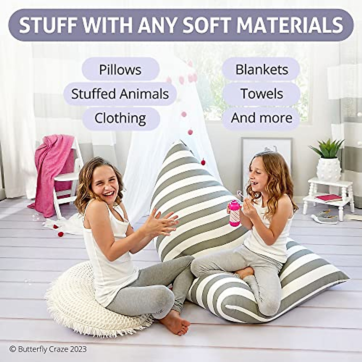 Butterfly Craze Bean Bag Chair Cover, Functional Toddler Toy Organizer, Fill with Stuffed Animals to Create a Jumbo, Comfy Floor Lounger for Boys or Girls, Stuffing Not Included, Grey Stripe