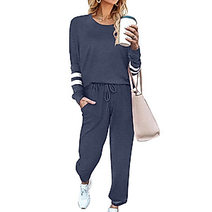 Ekouaer Sweatsuits Womens Loungewear Set Tracksuit Long Sleeve Pajamas Set with Pockets 2 Piece Outfits Lounge Sets Navy Blue XX-Large