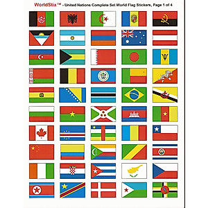 World Flag Stickers - United Nations Sticker Set; 1.5" x 1" Self Adhesive Stickers for Every International Country in The United Nations Plus 7 UN Stickers, 200 Sticker Flags Total Made in USA