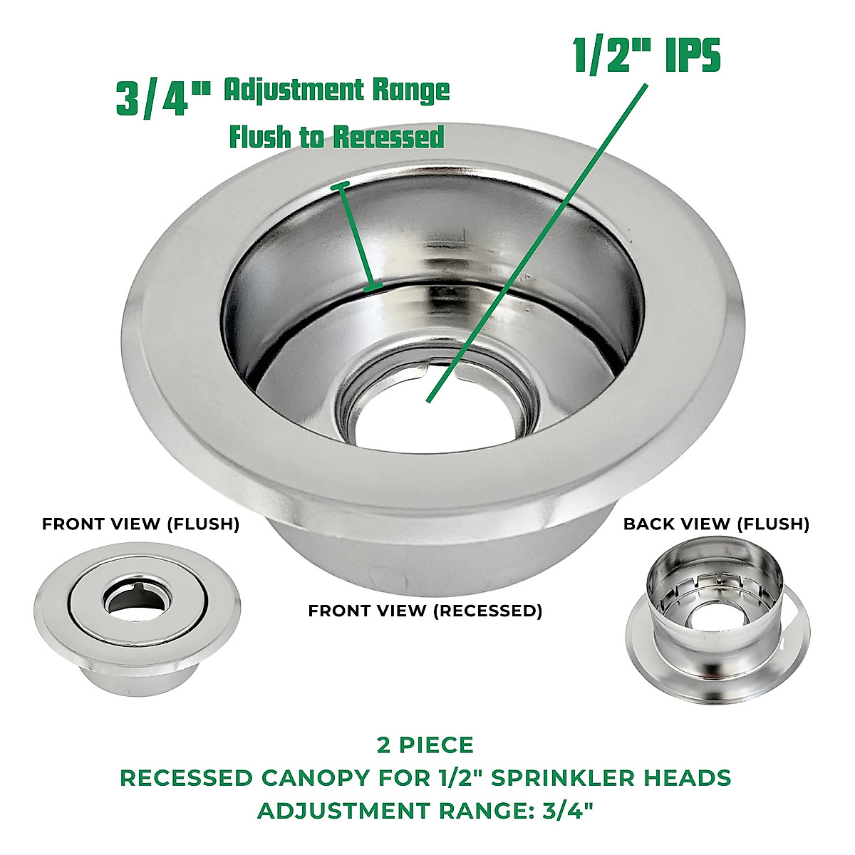 Recessed Fire Sprinkler Escutcheon 1/2 in. IPS - 2 Piece in Chrome - Depth Adjustment Range up to 3/4 in. for Fire Sprinkler Trim