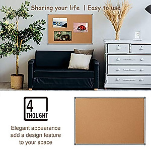 4 THOUGHT Cork Bulletin Board Large Big, 48 x 36 Inches Framed Push Pin Corkboard for Wall, Notice Memo Board with Silver Aluminium Frame for Display and Organize, 4 x 3 Feet, 10 Push Pins Included