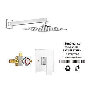 SunCleanse Shower Faucet Set with Valve, 8 Inch Square Shower Head and Handle Set, Single Handle Shower Trim Kit with Extra Long Shower Arm, Polished Chrome