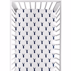 Sweet Jojo Designs Woodland Deer Boy Jersey Stretch Knit Baby Fitted Crib Sheet for Soft Toddler Bed Nursery - Navy Blue and White Forest Animal Stag Antler