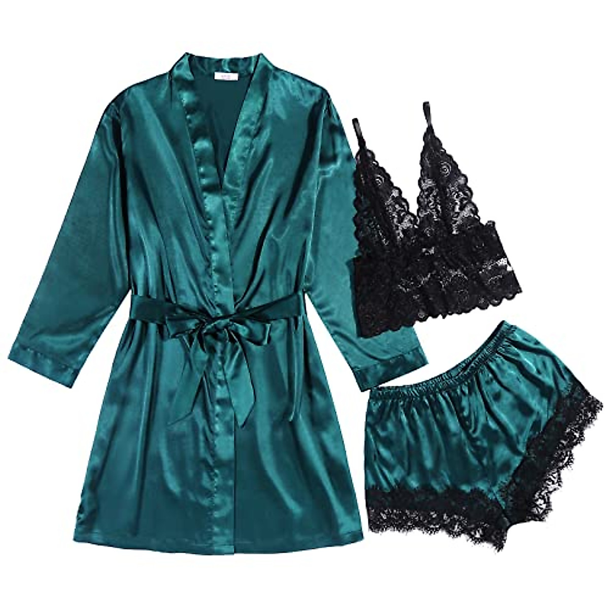 Ekouaer Womens Sleepwear with Robe 3Pcs Satin Silky Pajama Set Sexy Floral Lace Trim Sleepwear Dark Green