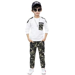 lontakids Boys Camouflage Outfit Teen Long Sleeve T-Shirt + Trousers Clothes Set (4/5, White)