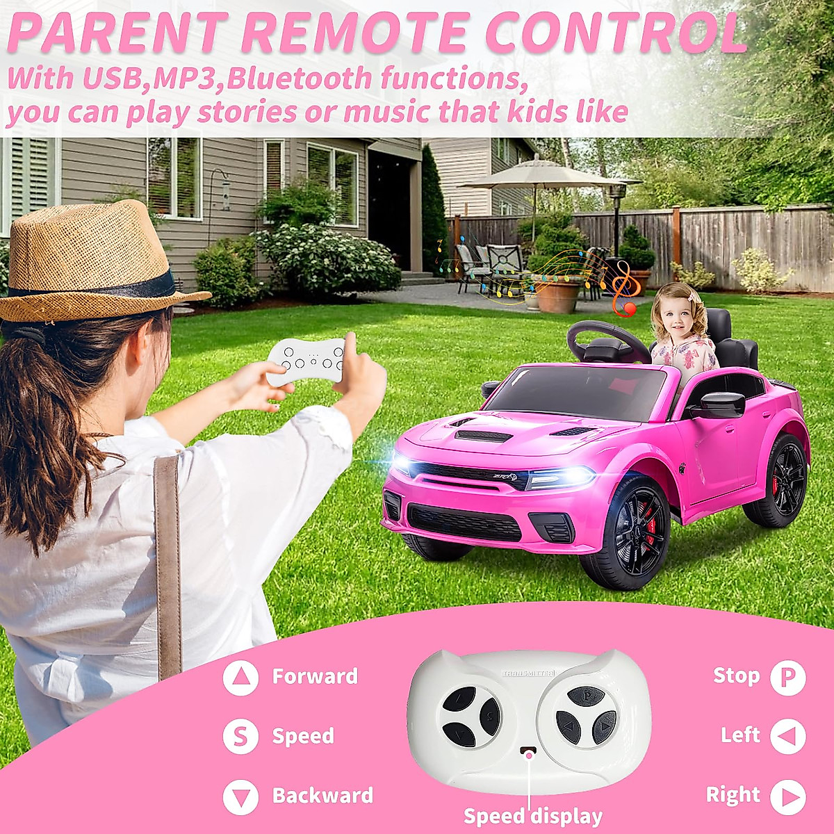 SEGMART 12V Kids Ride on Car Licensed Dodge Charger Electric Car for Kids with Remote Control, 3 Speed Kids Electric Vehicles with Suspension System, LED Light, MP3 & Bluetooth (Pink)