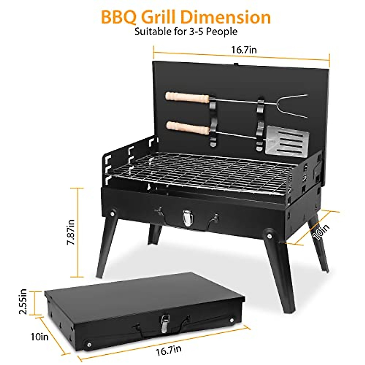 TeqHome Portable Charcoal Grill, Small BBQ Grill Outdoor Folding Barbecue Grill, Foldable Camping Grill with Barbecue Accessories & Lid for Outdoor Cooking Camp Picnic Hiking Beach Party Patio Smokers