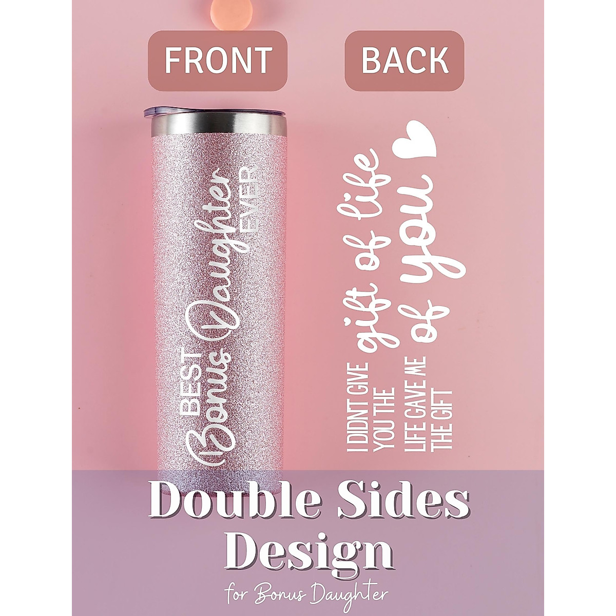 Onebttl Bonus Daughter Gift - 20oz Stainless Steel Travel Mug With Lid and Straw for Birthday, Christmas or Thanksgiving - Best Daughter Ever Glitter Rose