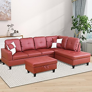 103" W Sectional Couches for Living Room, Faux Leather Couch with Storage Ottoman, Leather Sofa Brown Couches, Modular Sectional Sofa,Modular Sectional Couch for Living Room Furniture Sets, Red